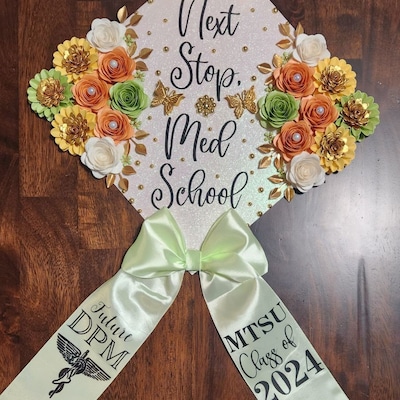 Custom Graduation Cap With Bow, BLING 3D Paper Flowers, Graduation Cap ...