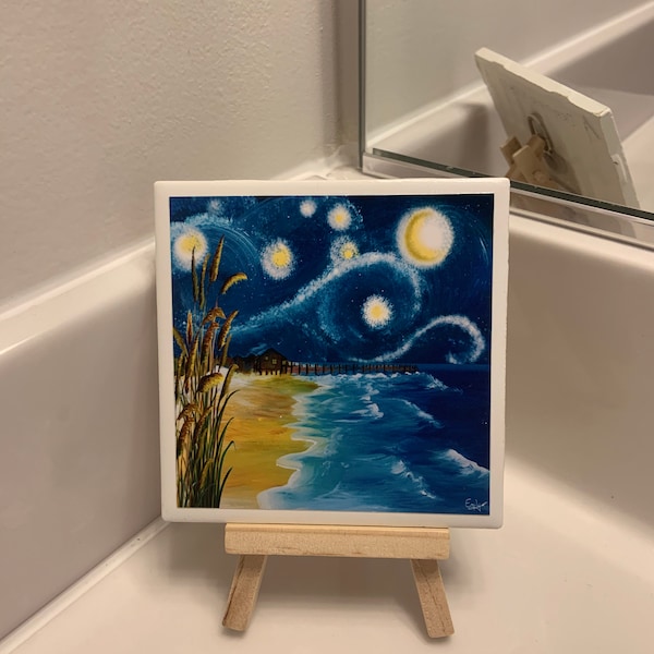 Van Gogh Starry Night Beach Ceramic Tile With Hook, Coaster, Tile Art ...