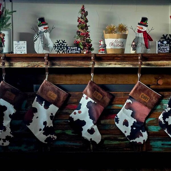 Cow Print Christmas Stockings, Cowhide Print, Burnt Orange, Tri Color ...