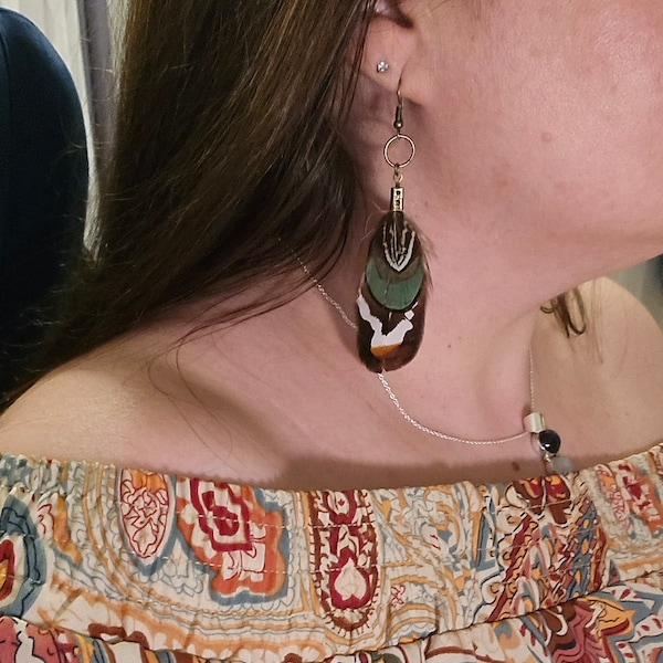 Green & Golden Real Handmade Feather Earring, Unique Natural Bird ...