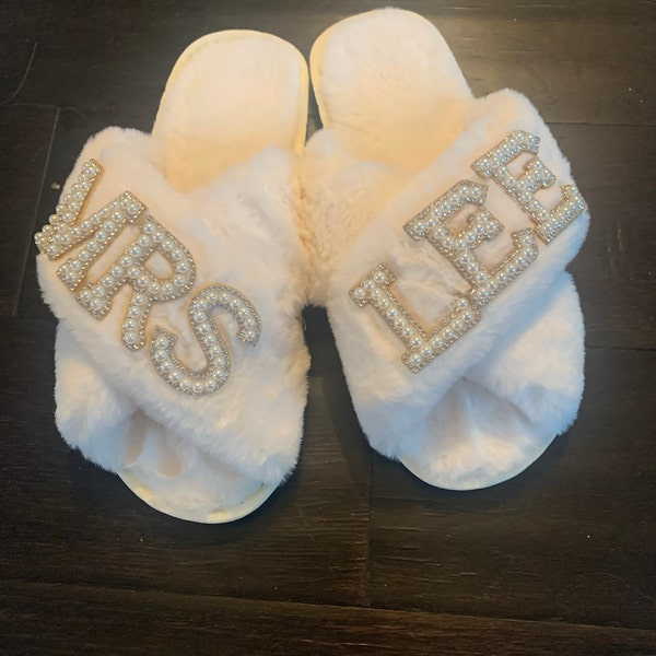 Bride Gift Pearls Slippers | Rhinestone Fluffy Slippers | Bridal Shower ...