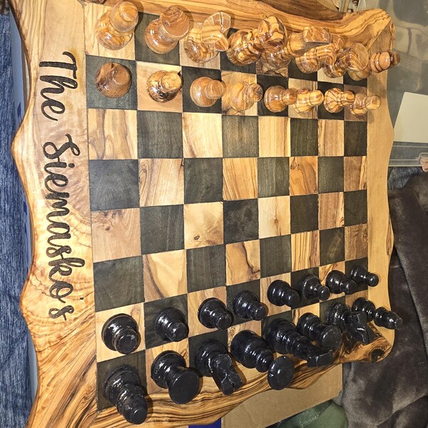 Olive Wood Chess Set Gift Unique Black or Burgundy Chess Board With ...