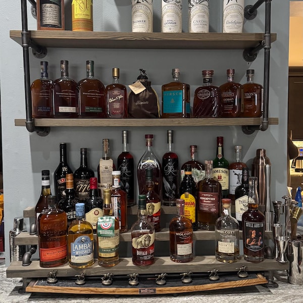 Freestanding Industrial Liquor Display, Black Pipe Tiered Shelving, Bar ...