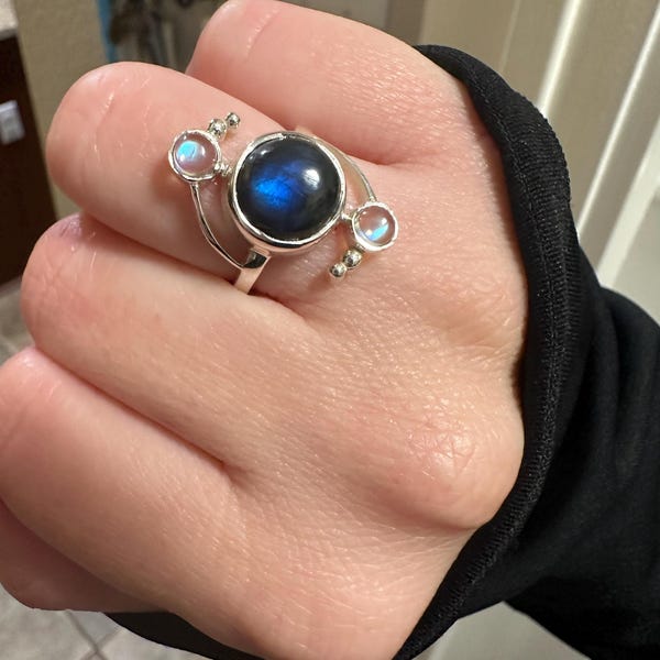 Natural Moonstone and Labradorite Ring , Blue Flashy Two Gemstone Ring ...