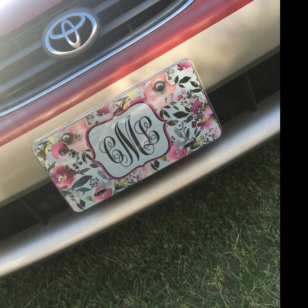 Monogram License Plate Pink Coral Roses on Gray Matching Key Chain ...