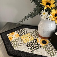 Blue and Bronze Quilted Table Runner, Chickens, Interlocking Squares ...