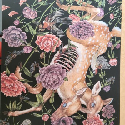 Fawn Deer With Birds and Flowers Gothic Botatnical Art Giclee Print ...