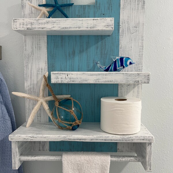 Nautical Bathroom Wall Shelf With Hooks, Bathroom Shelving Unit for ...