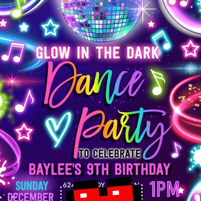 Editable Dance Party Invitation Neon Glow Dance Party Invitation Neon ...