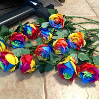 Silk Rainbow Roses Artificial Flowers Wedding Bouquet Boutonniere Wrist ...