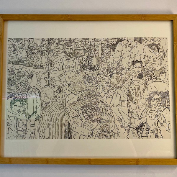 The Persian Village, Line Panoramic Drawing of an Iranian City Abyaneh ...