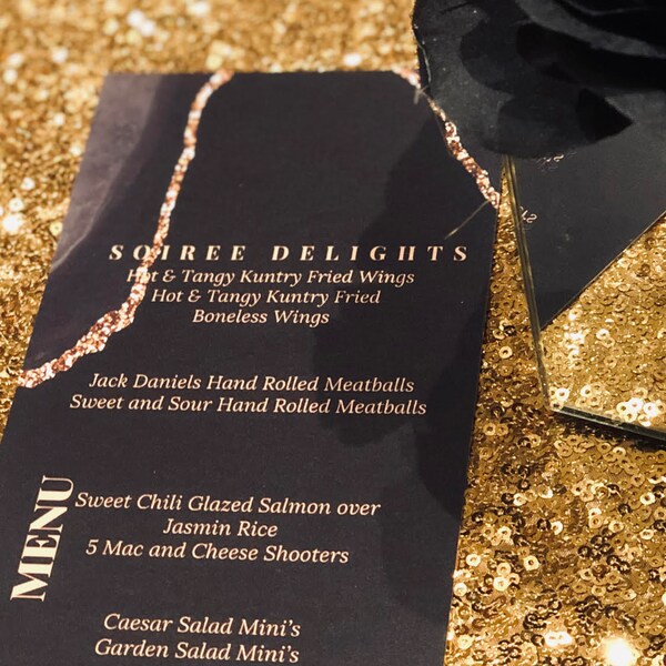 Editable Birthday Party Menu Card Template, Black and Gold Menu Cards ...