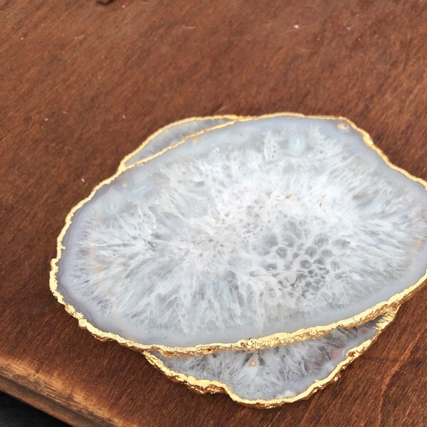 White Agate Coasters Set of 4 Gold or Silver Electroplated, Handmade ...