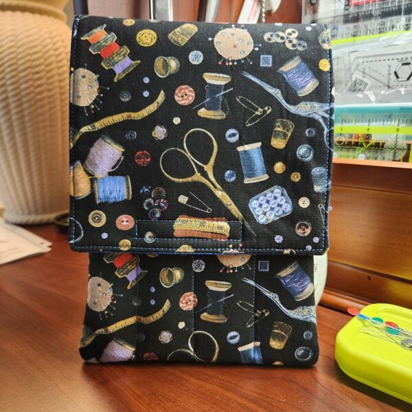 Elizabeth's Studio Stitch in Time Sewing Notions Tossed on Black Fabric ...