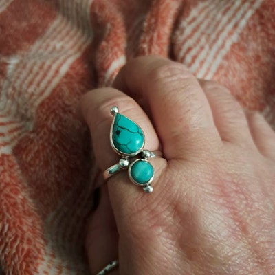 Boho Turquoise Ring, Sterling Silver Ring for Women, Dual Birthstone ...