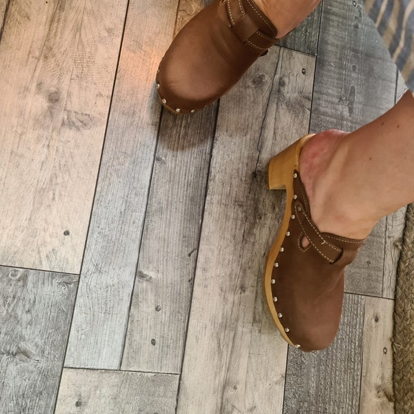 Men's Black Wooden Clogs Handmade Natural Leather Footwear Comfortable ...