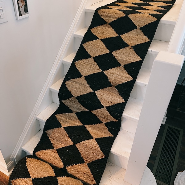 Black Jute Runner Rug 2 X 22 Ft- Diamond Pattern Hallway & Staircase ...