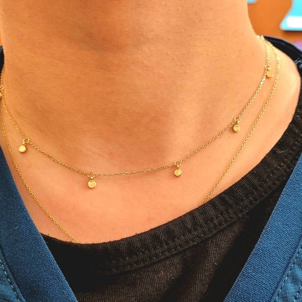 14k Solid Gold Dot Chain Necklace: Dainty Disc Layering Necklace - Etsy
