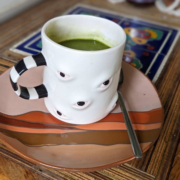 Hand Painted Plain Eyes Striped Handle Clay Coffee Mug, Funky Mug ...