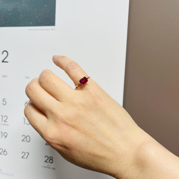 14K Solid Gold Ruby Ring, Oval Cut Half Eternity Ruby Ring, Stackable Natural Genuine Ruby Ring ...