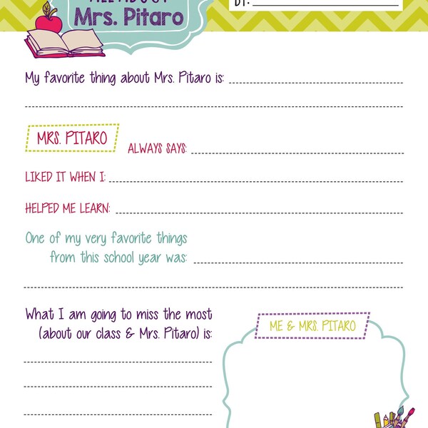 All About My Teacher Questionnaire Printables | Teacher Appreciation ...