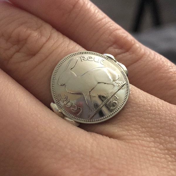 Irish Coin Ring, Celtic Jewelry, STERLING SILVER Band, Eire, Rabbit ...