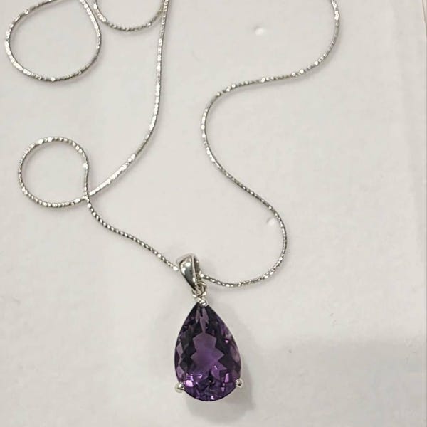 Genuine Amethyst Pear Solitaire Teardrop Silver Pendant Necklace ...