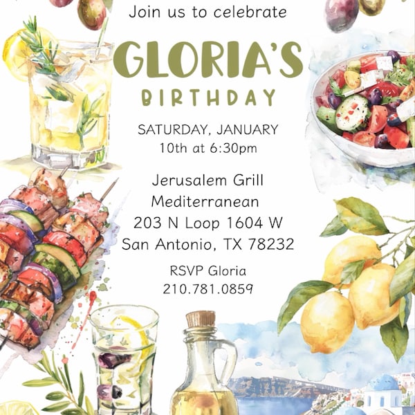 Greece Theme Dinner Party Invitation, Editable Greek Dinner Birthday ...