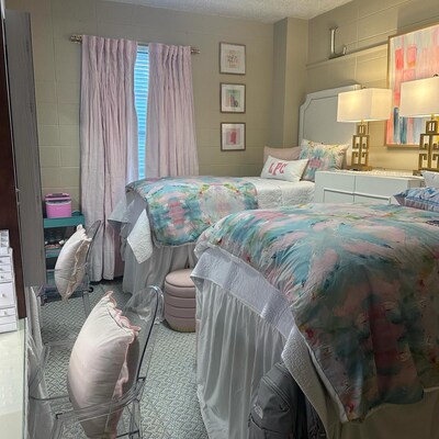 Pink, Green, Blue, & Yellow Nordic Spring on Pink Pillow Dorm Decor for ...