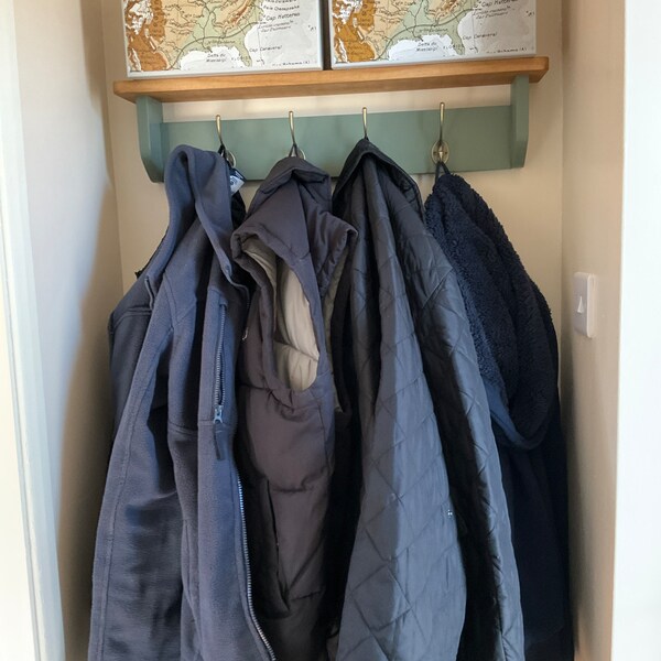 GREEN COAT RACK With Shelf (dark Wax, 10cm Deep), Shelf With Hooks ...