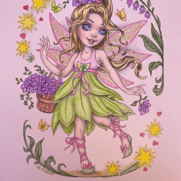 Happy Fairy Coloring Page Grayscale Instant Download Printable File ...