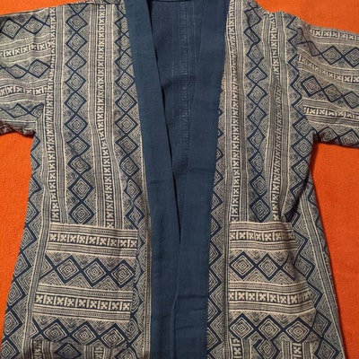 Kendo Jacket Japanese Unisex Overcoat, Blue Block Printing Fabrics ...