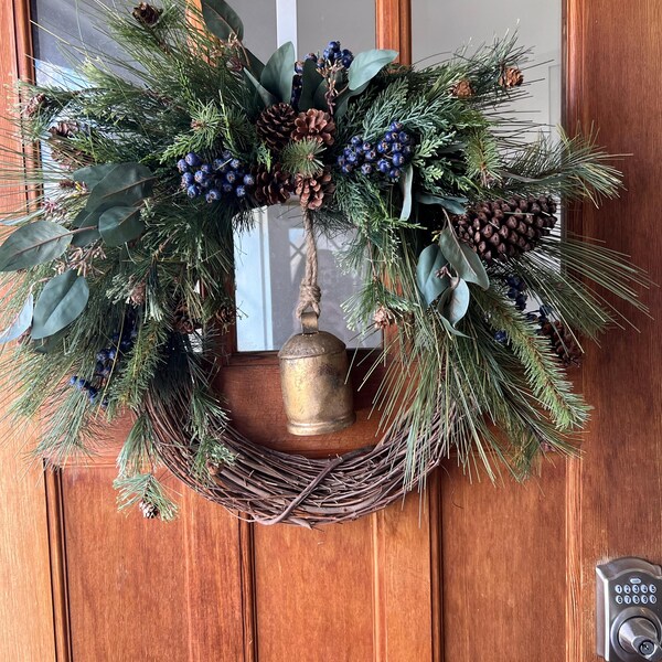 Winter Wreath With Rustic Brass Bell |housewarming Gift | Rustic Style ...