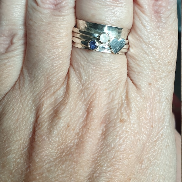 Sterling Silver Heart Spinner Ring, Moonstone Iolite Gemstone, Anxiety ...