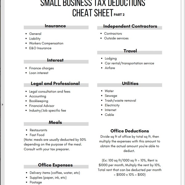 Business Tax Deductions Cheat Sheet + Excel | Deductible | Tax Write ...
