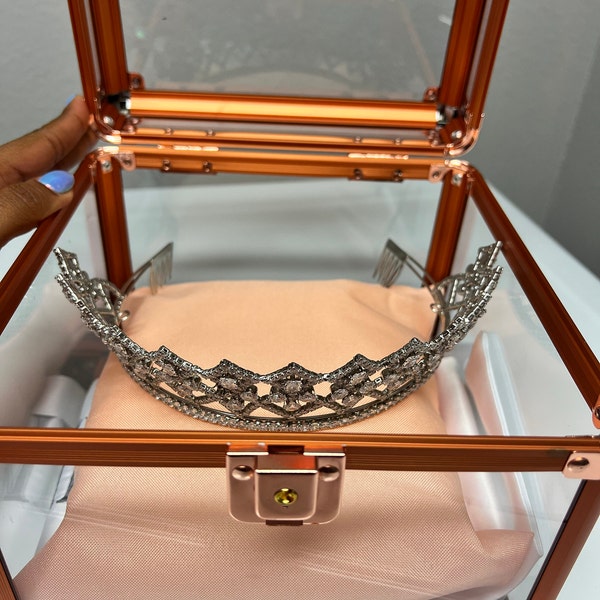 Purple Rhinestone Pageant Crown Box Tiara Display With Sash Holder Tray ...