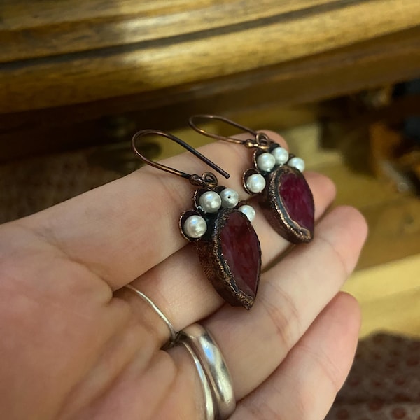 Ruby Earrings, Kashmiri Red Ruby With Pearls Copper Electroformed ...