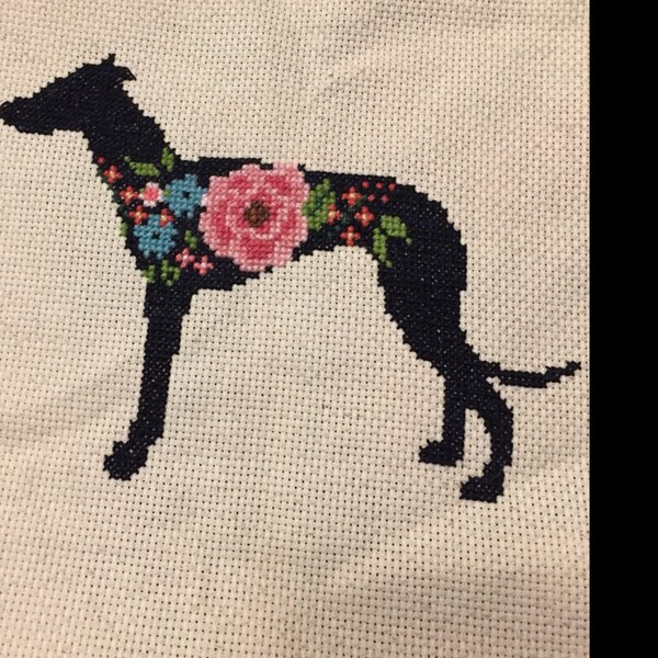 Greyhound Silhouette Cross Stitch Pattern Floral Roses Pet Animal Wall ...