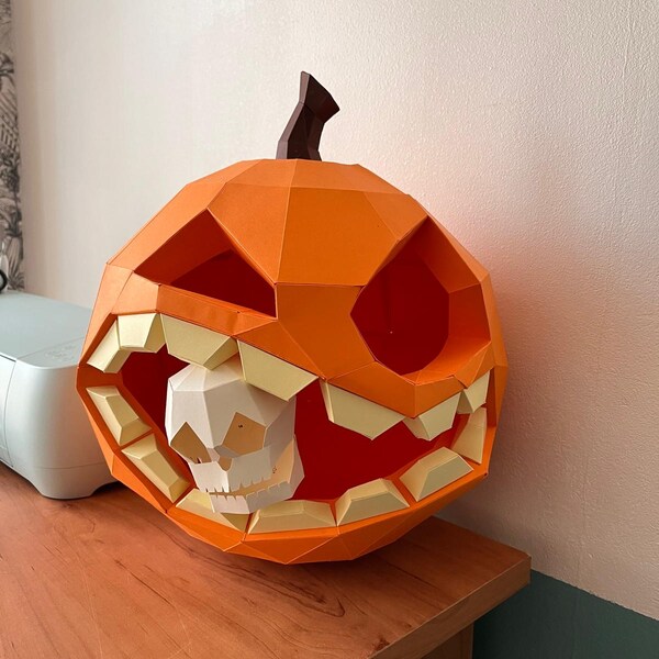 Papercraft Halloween Pumpkin With Skull, Low Poly Pumpkin and Skull ...