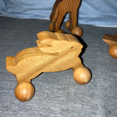 Rabbit Toy on Wheels Wooden Block Animal for Children Woodland Party ...