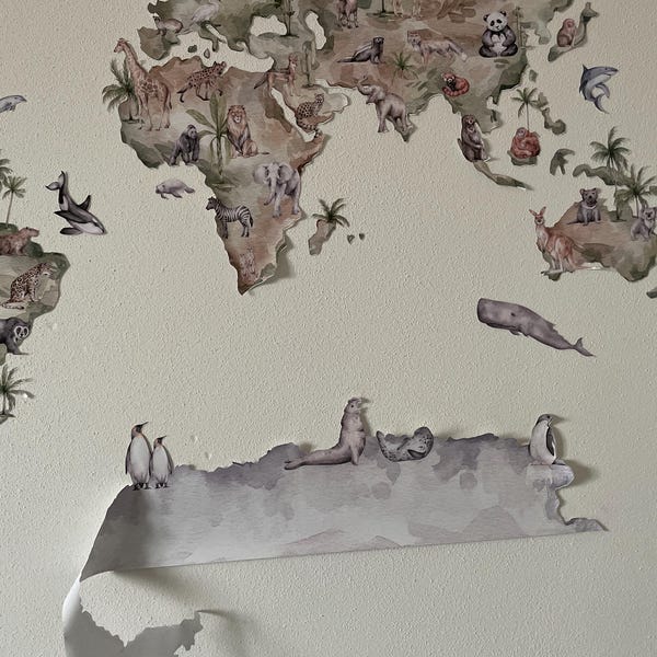 WORLD MAP Wall Decal for Kids, World Map Wall Decal, Wall Decal Animals ...
