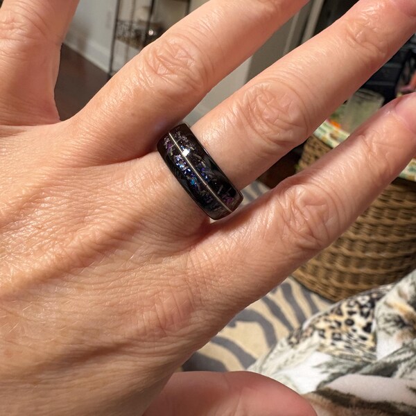 Meteorite Nebula Guitar String Ring 8mm Black Tungsten Ring Polished ...