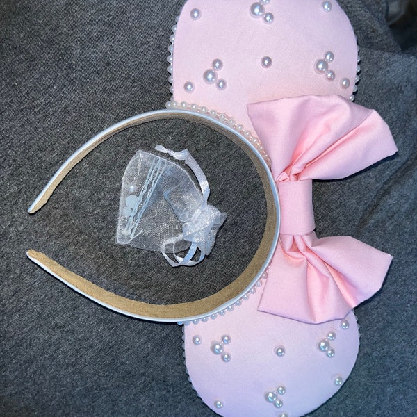 Pastel Pink Ears With Pastel Pink Bow and Embellished Pearls - Handmade ...
