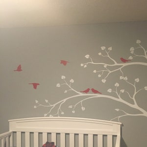 White Tree Wall Decal Huge Corner Tree With Leaves and Birds Nursery ...