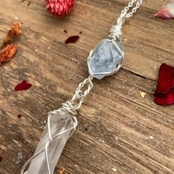 Raw Double Celestite / Quartz Crystal Necklace, Pure Copper, Gift for ...