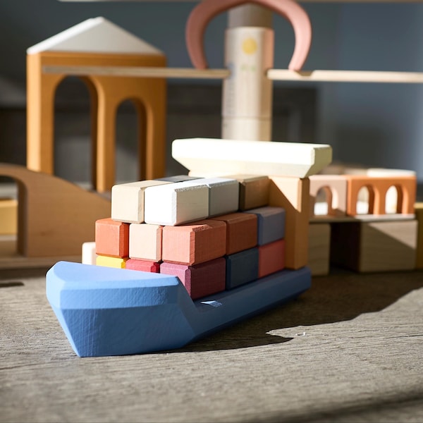 Wooden Building Blocks. Ship With Blocks. Wooden Blocks. Merchant Ship ...