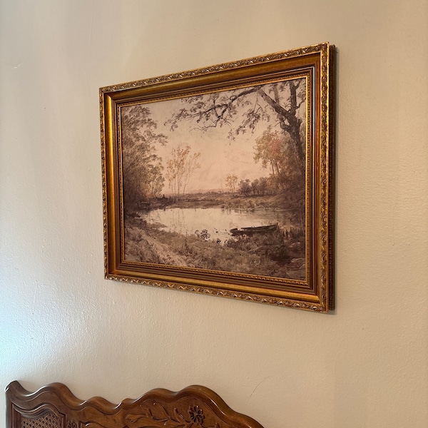 Muted Autumn Pond Landscape Painting | Vintage Wall Art | Neutral ...