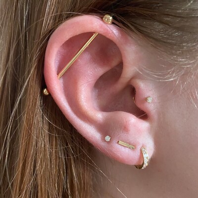 14K Gold Small Bar Earrings Tiny Line Earrings Gold Dainty Earrings ...