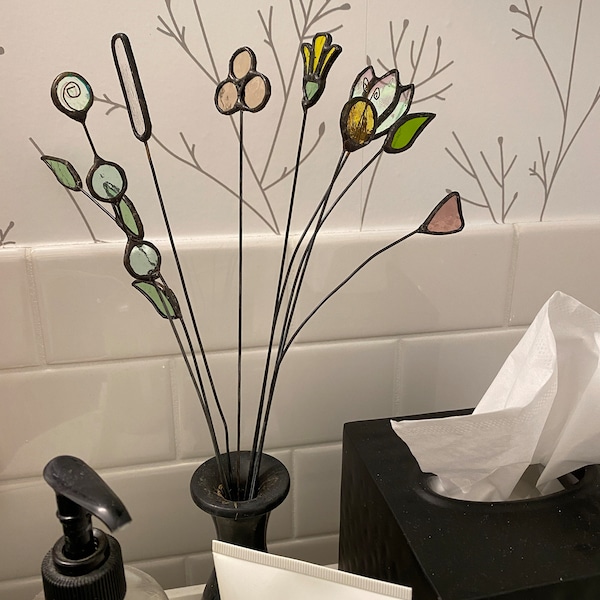 Blue Stained Glass Flower Heads Plant Stake. Fantasy Floral Pod ...