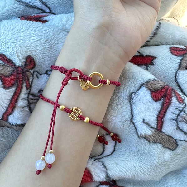 Red Lucky Bracelet, Red Bracelet W. Gold Peace Buckle & Good Fortune 福 ...